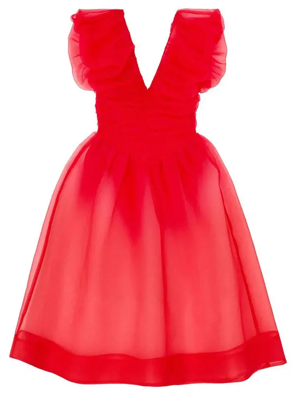 GANNI Organza Ruched Dress With Puff Sleeves - Red