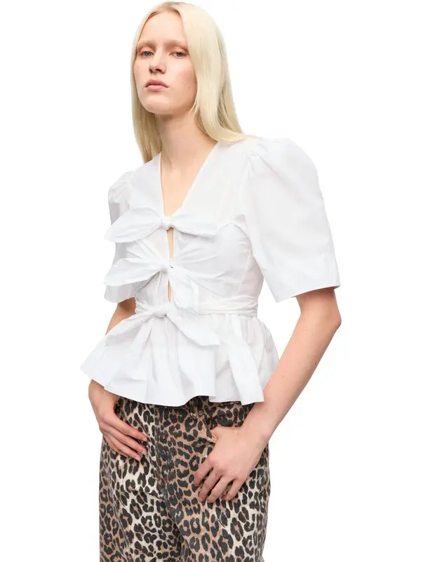 GANNI Washed Stretch Cotton Tie Strap Blouse - White