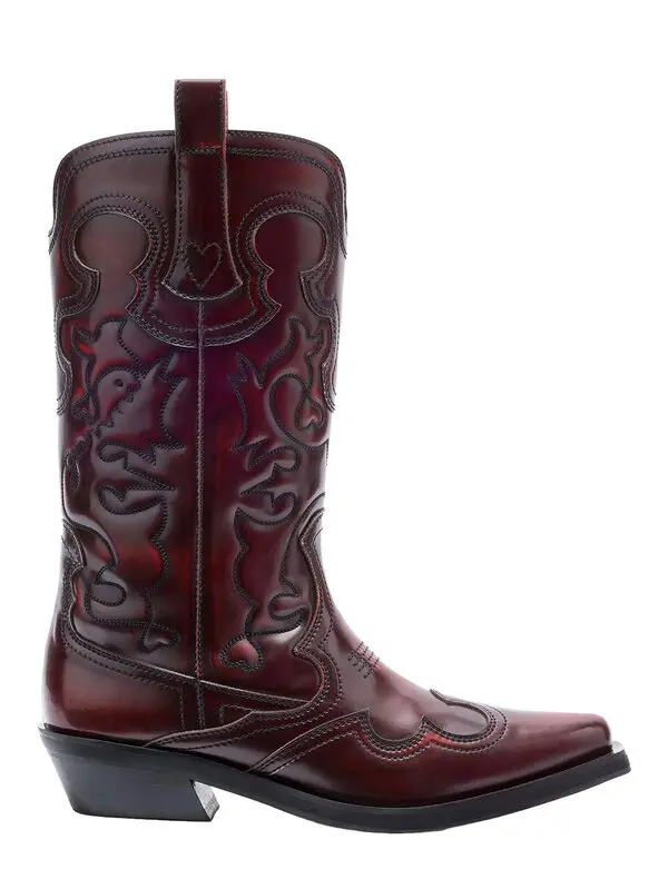 GANNI Embroidered Western Boots - Red