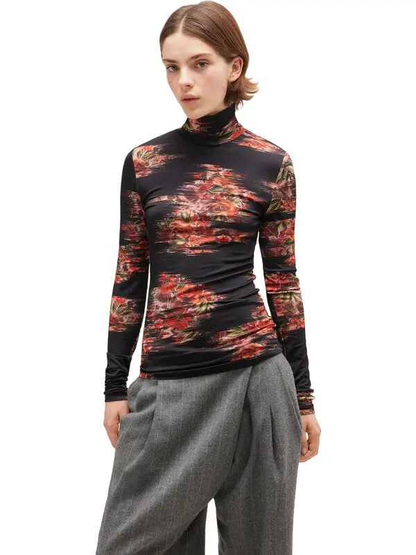 GANNI Floral Jersey Turtleneck - Black