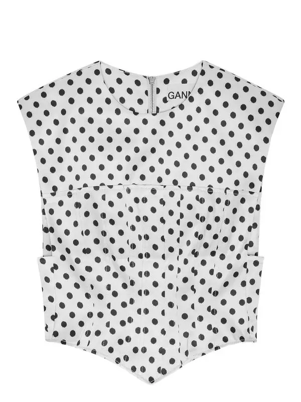 GANNI Polka-dot Satin Corset Blouse - White