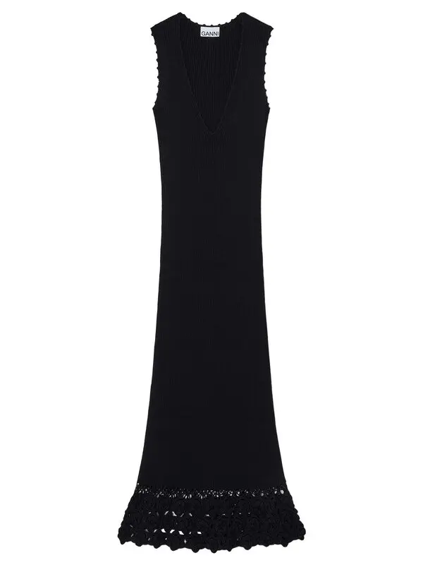 GANNI Long Crochet Dress - Black