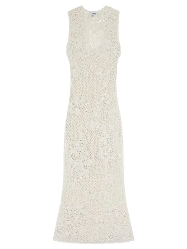 GANNI Long Crochet Dress - White