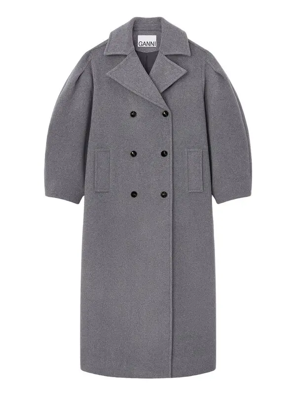 GANNI Wool Oversized Long Pea Coat - Grey