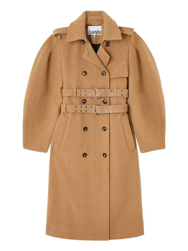 GANNI Wool Trench Coat - Beige