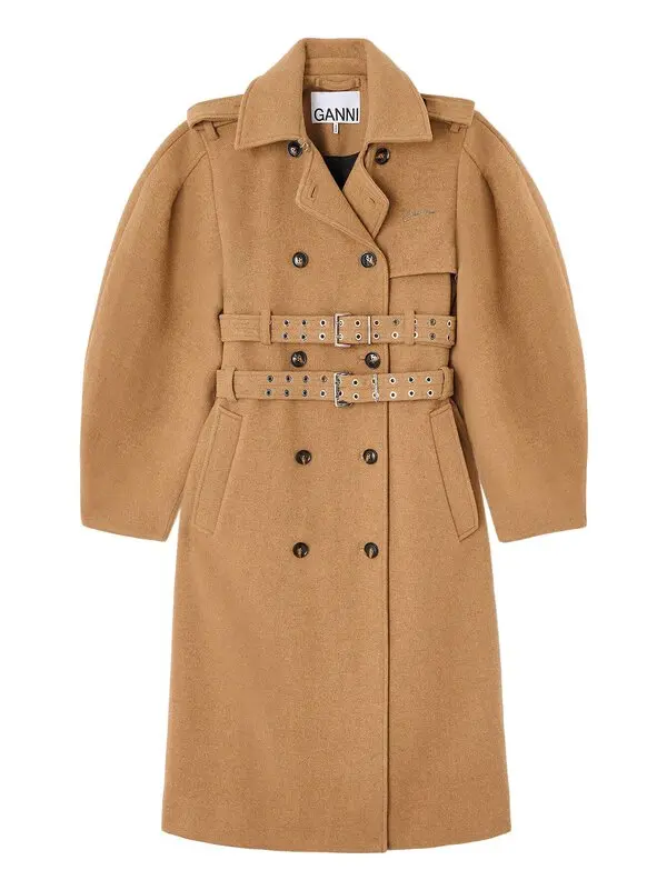 GANNI Wool Trench Coat - Beige