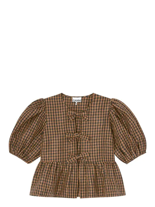 GANNI Crinkled Check Blouse - Brown