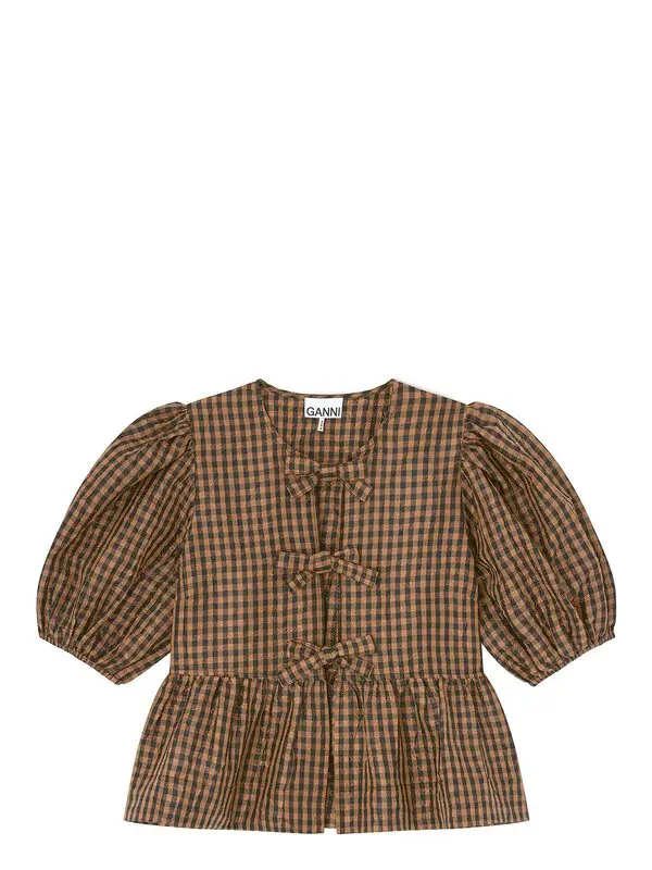 GANNI Crinkled Check Blouse - Brown