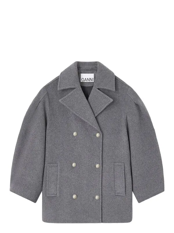 GANNI Wool Oversized Midi Pea Coat - Grey