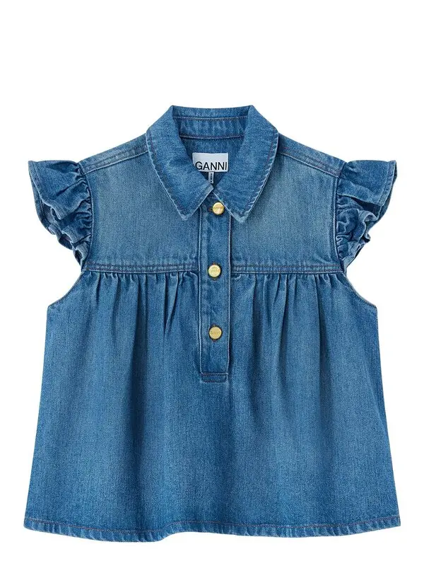 GANNI Denim Ruffle Top - Blue
