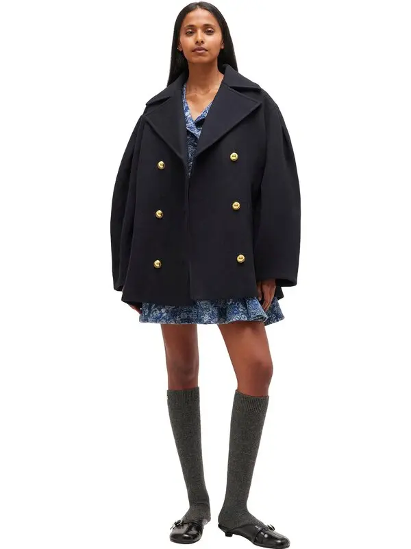 GANNI Wool Oversized Pea Coat - Navy