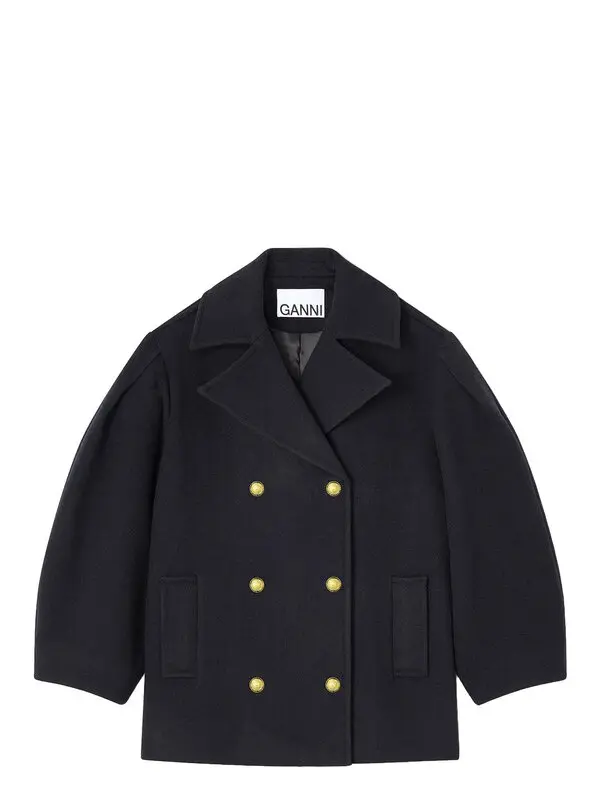 GANNI Wool Oversized Pea Coat - Navy