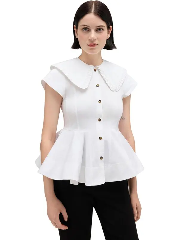 GANNI Short Cotton Ruffle Shirt - White