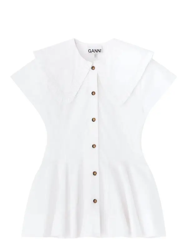 GANNI Short Cotton Ruffle Shirt - White