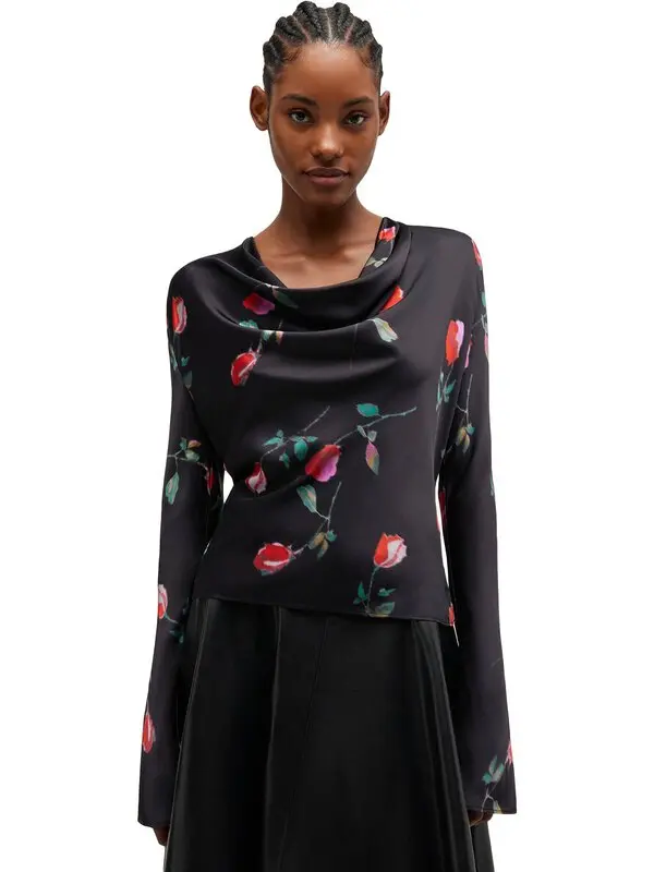 GANNI Printed Satin Blouse - Black