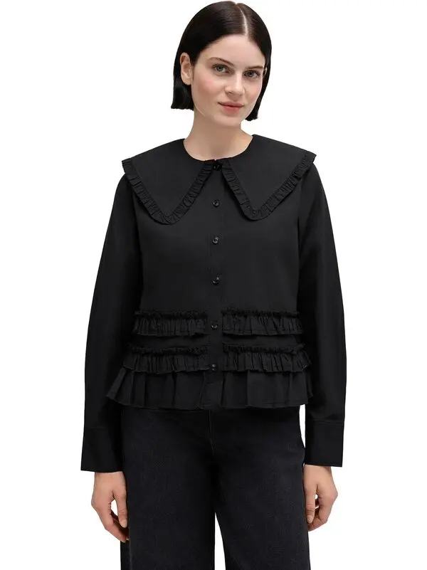 GANNI Stretch Cotton Ruffle Shirt - Black