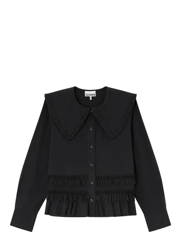 GANNI Stretch Cotton Ruffle Shirt - Black