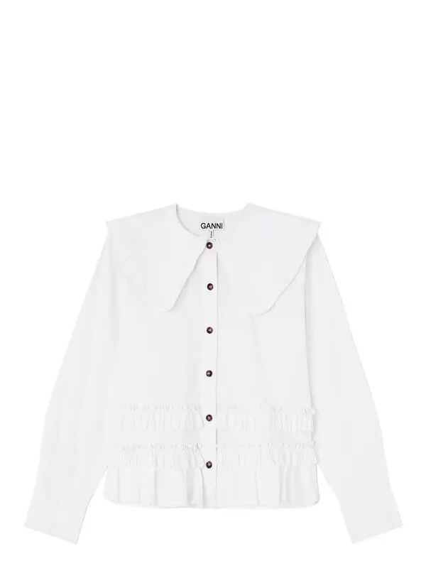 GANNI Stretch Cotton Ruffle Shirt - White