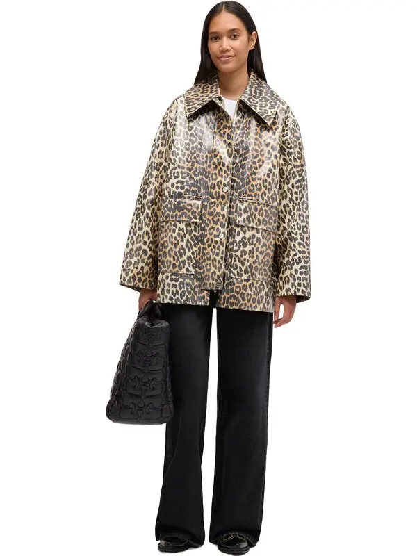 GANNI Leopard Laminated Cotton Jacket - Brown