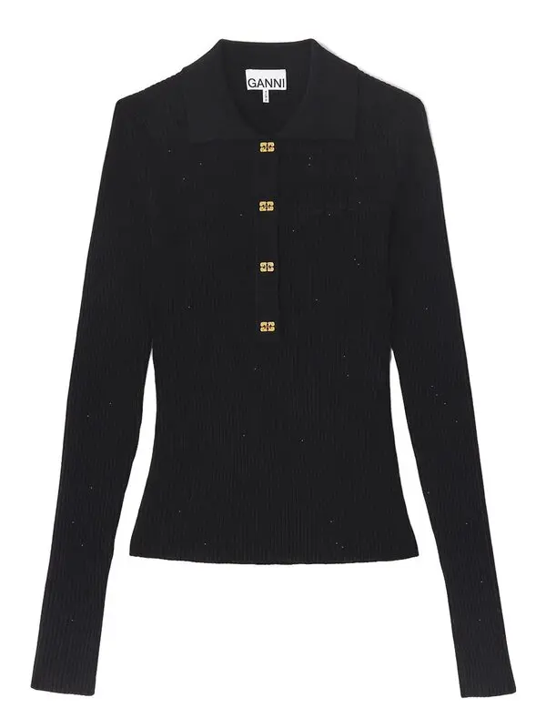 GANNI Sequin Knitted Polo - Black