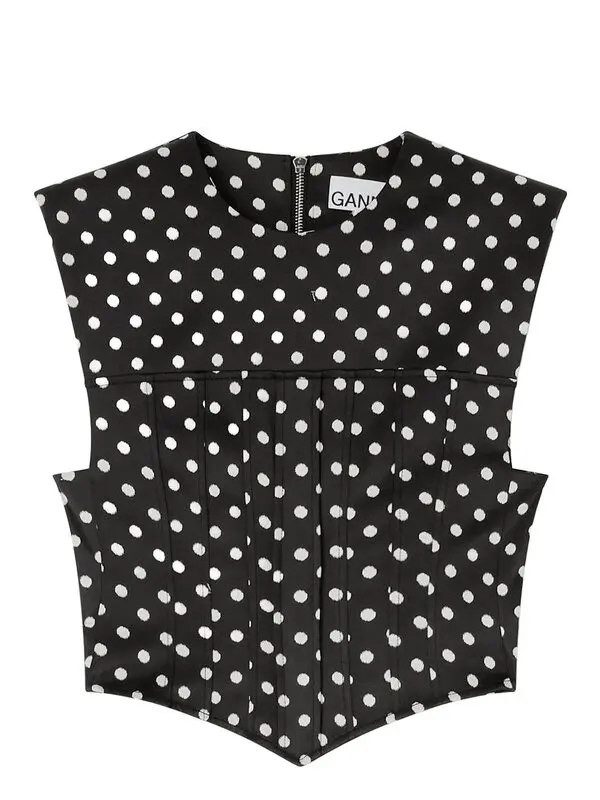 GANNI Polka-dot Satin Corset Top - Black