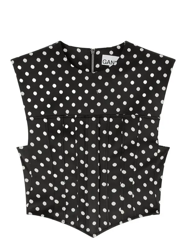 GANNI Polka-dot Satin Corset Top - Black