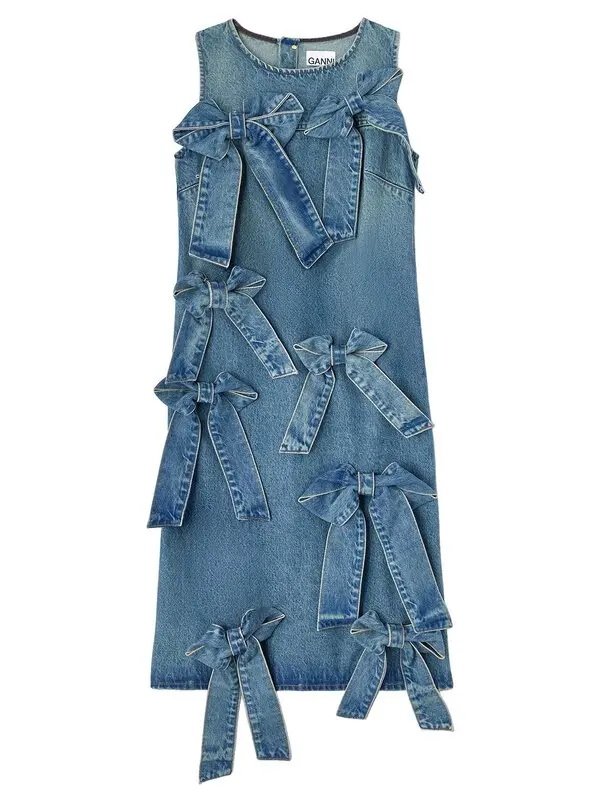GANNI Light Rigid Denim Bow Dress - Blue