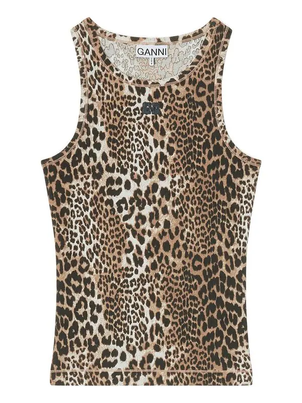 GANNI Leopard Print Rib Tank Top - Mixed
