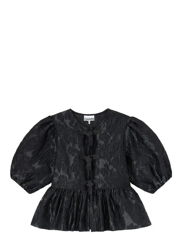 GANNI Satin Peplum Tie Blouse - Black