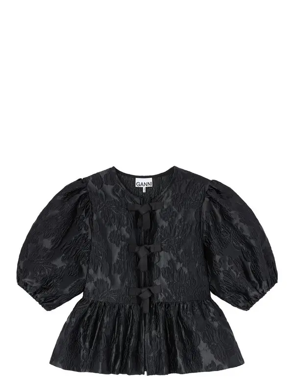 GANNI Satin Peplum Tie Blouse - Black