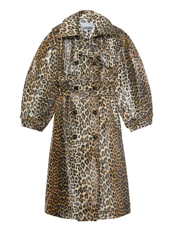 GANNI Leopard Print Laminated Cotton Trench Coat - Brown