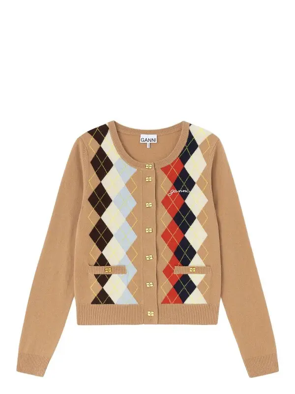 GANNI Argyle Print Cardigan - Beige