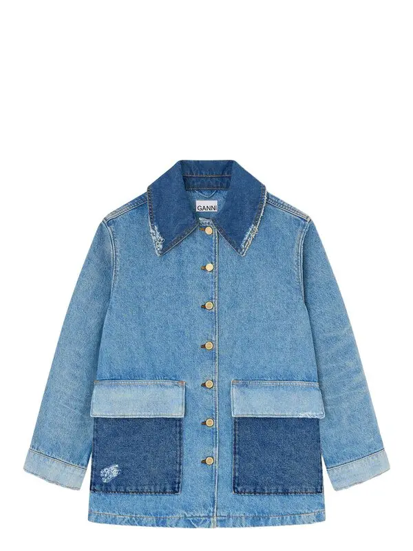 GANNI Cotton Blend Jacket With Classic Collar - Blue