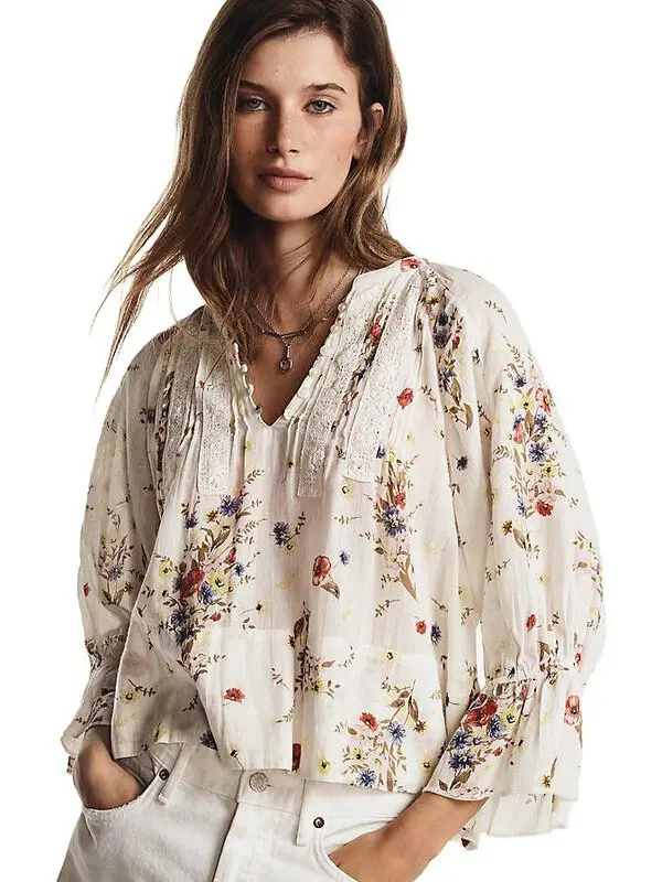 Anthropologie Cotton Pintuck V-neck Blouse - Ivory Floral