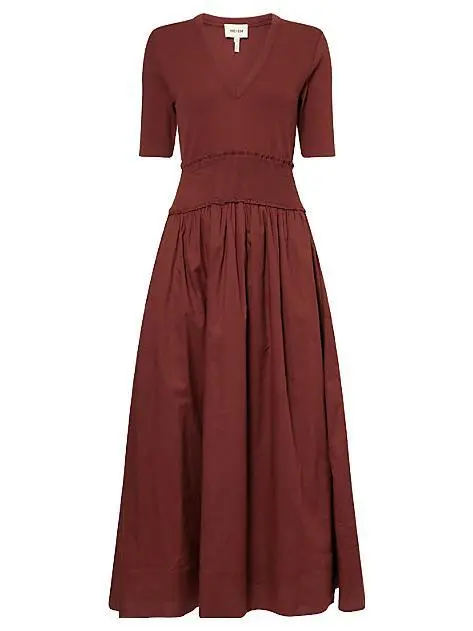 ME+EM V-neck Smocked Stretch-cotton Maxi Dress - Cinnamon Brown