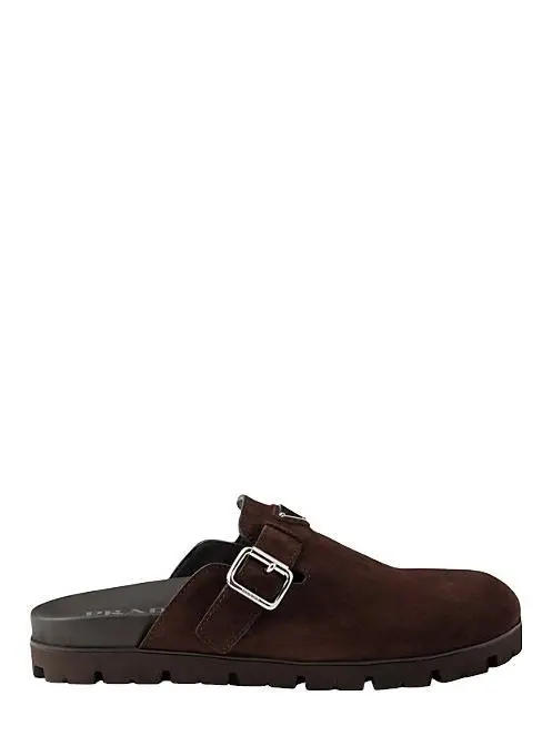 Prada Logo-plaque Suede Mules - Brown