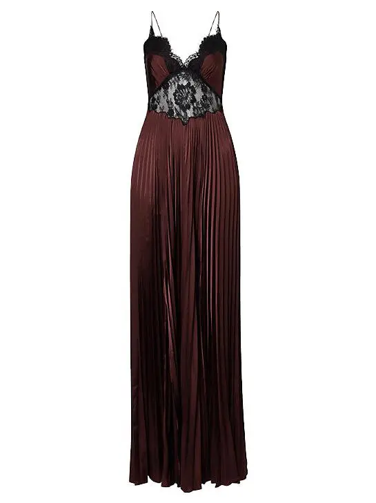 SELF-PORTRAIT Lace-trim Satin Maxi Dress - Brown