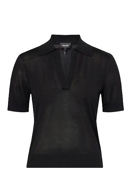 ME+EM Slim-fit Silk-knit Polo-collar Top - Black