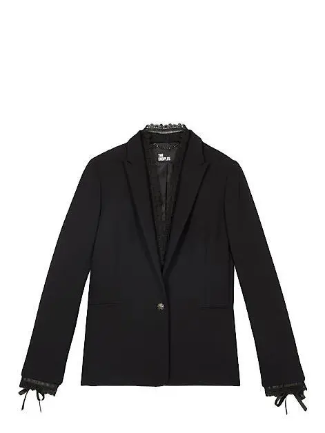 The Kooples Single-breasted Woven Blazer With Lace Trim - Black