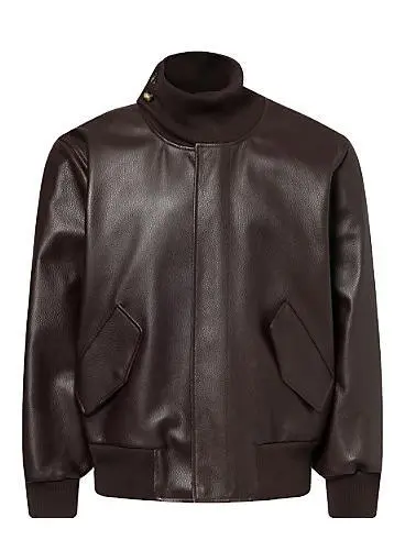 Loewe High-neck Logo-patch Leather Jacket - Dark Brown