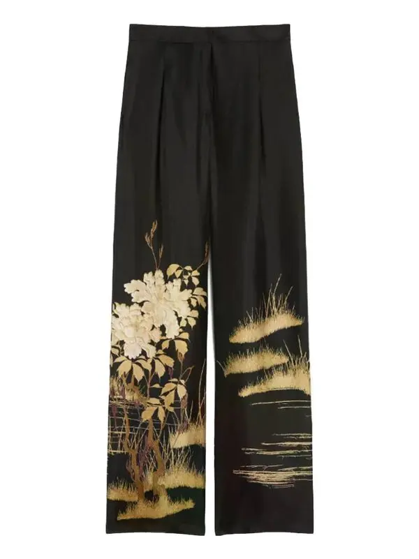 Max Mara Fluid Printed Silk Trousers - Black