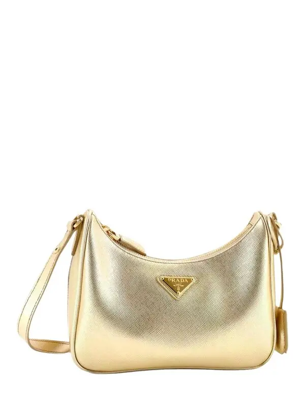 Prada Adjustable Handle Zip Saffiano Leather Mini Hobo Bag - Gold