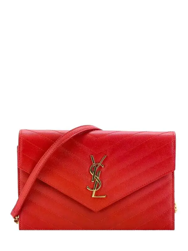 Saint Laurent Classic Monogram Wallet On Chain Matelasse Chevron Leather Small Crossbody Bag - Red