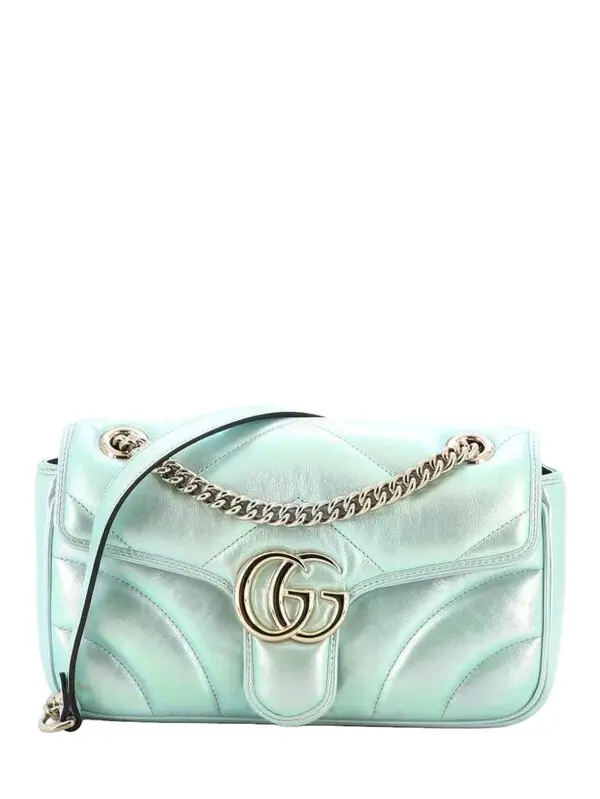 Gucci Gg Marmont Small Shoulder Bag Chevron Iridescent Leather Flap - Green
