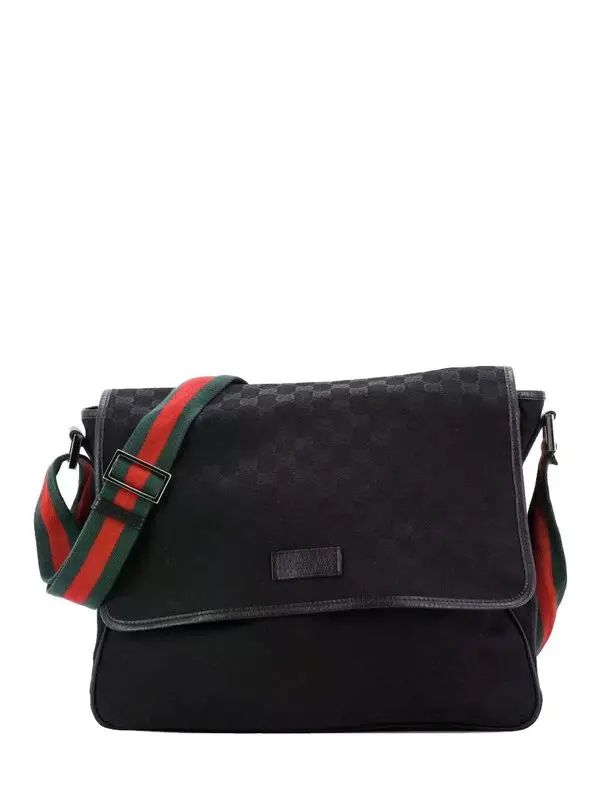 Gucci Web Strap Flap Messenger Gg Canvas Medium Crossbody Bag - Black