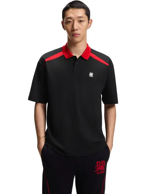 Hugo X Rb Stretch-cotton Polo Shirt With Bull Motif - Black