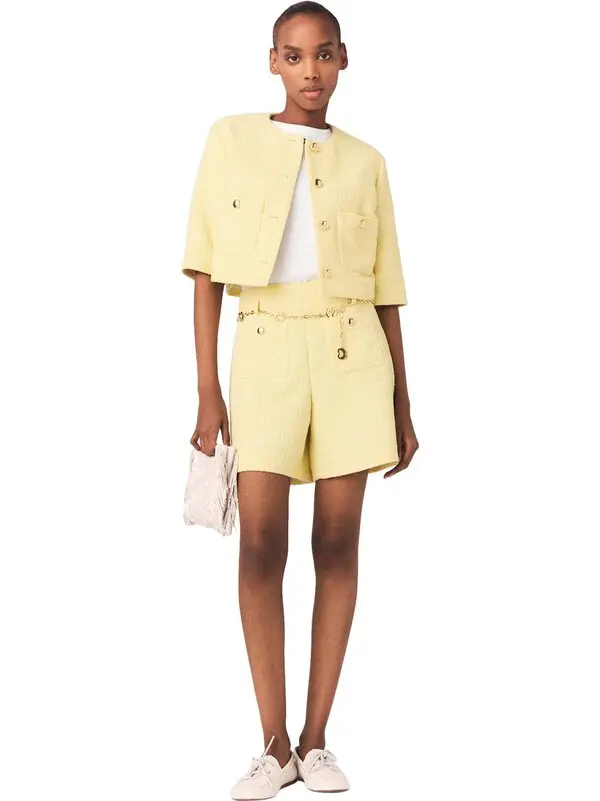 Maje Tweed Shorts With Chain Belt - Pale Yellow