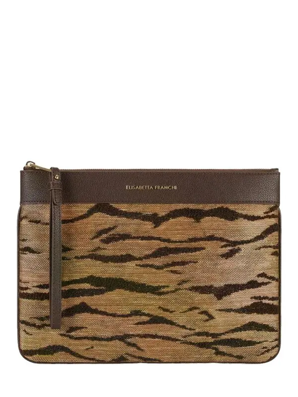 Elisabetta Franchi Tiger Stripe Raffia Effect Clutch - Brown
