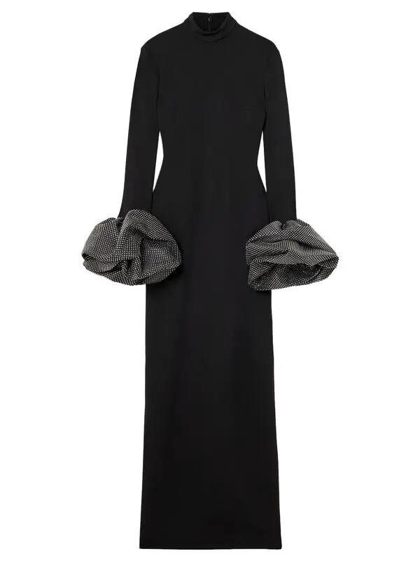 Solace London Viviana Ruffled Crystal-embellished Crepe Mock-neck Gown - Black