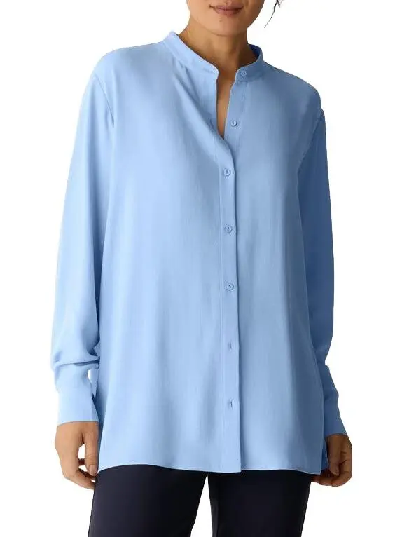 Eileen Fisher Band Collar Silk Button-up Shirt - Skylight